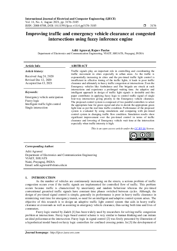 Pdf Improving Traffic And Emergency Vehicle Clearance At Congested Intersections Using Fuzzy