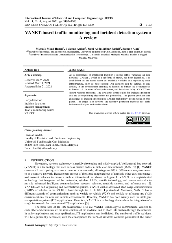 Pdf Vanet Based Traffic Monitoring And Incident Detection System A Review