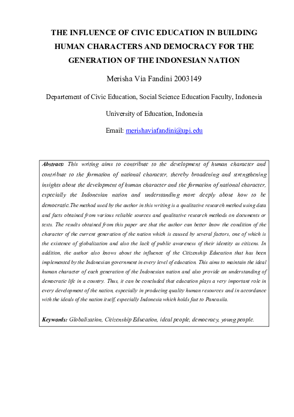 (PDF) THE INFLUENCE OF CIVIC EDUCATION IN BUILDING HUMAN CHARACTERS AND ...