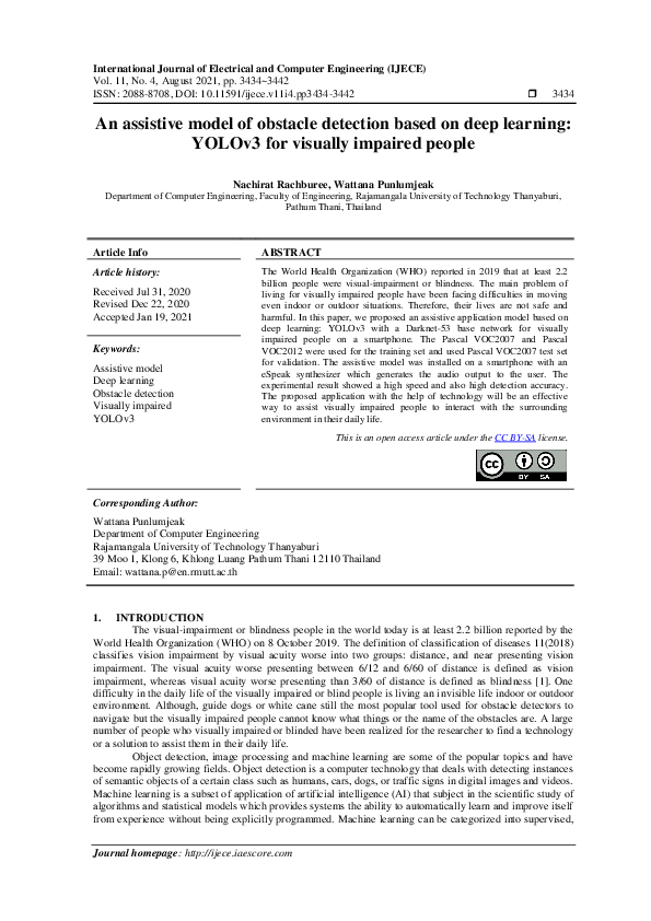 Pdf An Assistive Model Of Obstacle Detection Based On Deep Learning