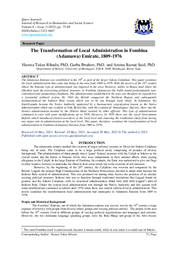 (PDF) The Transformation of Local Administration in Fombina (Adamawa ...