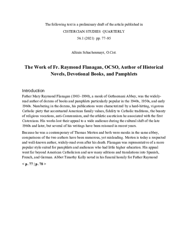 (PDF) The Work of Fr. Raymond Flanagan, OCSO, Author of Historical ...