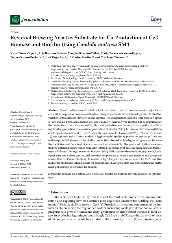 (PDF) Residual Brewing Yeast as Substrate for Co-Production of Cell Biomass and Biofilm Using ...