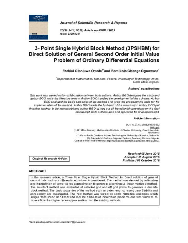 Pdf 3 Point Single Hybrid Block Method 3pshbm For Direct Solution Of General Second Order