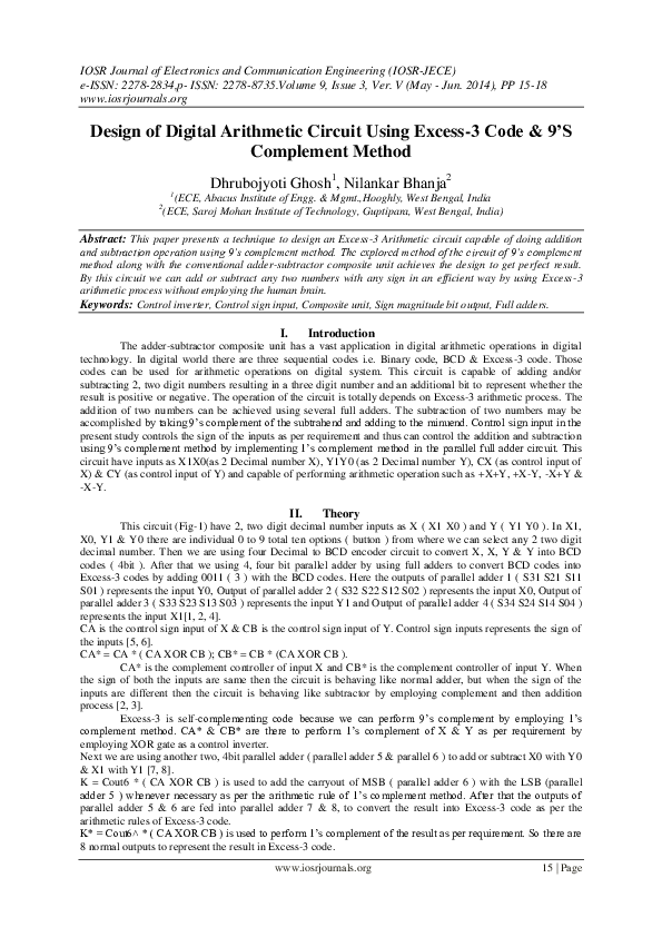 Pdf Design Of Digital Arithmetic Circuit Using Excess 3 Code And 9s Complement Method