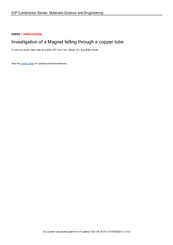 (PDF) Investigation of a Magnet falling through a copper tube