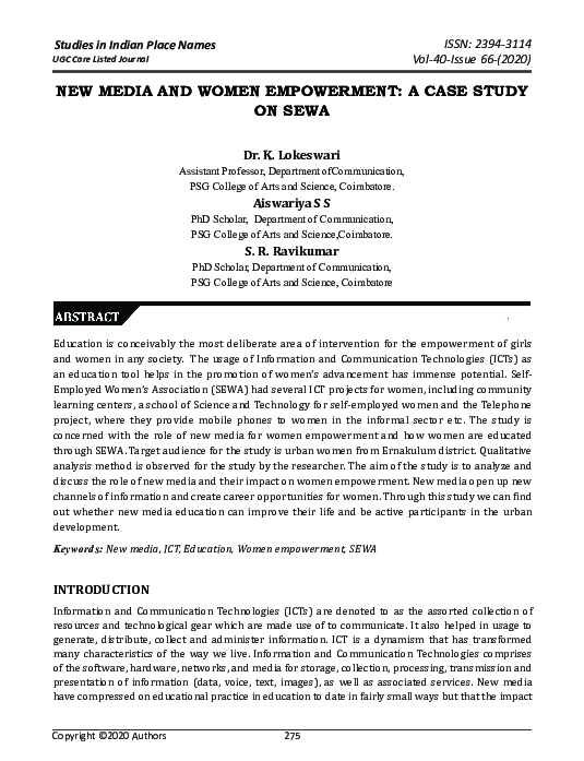 (PDF) NEW MEDIA AND WOMEN EMPOWERMENT A CASE STUDY ON SEWA