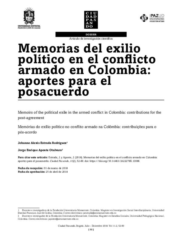 (PDF) Memorias del exilio político en el conflicto armado en Colombia ...