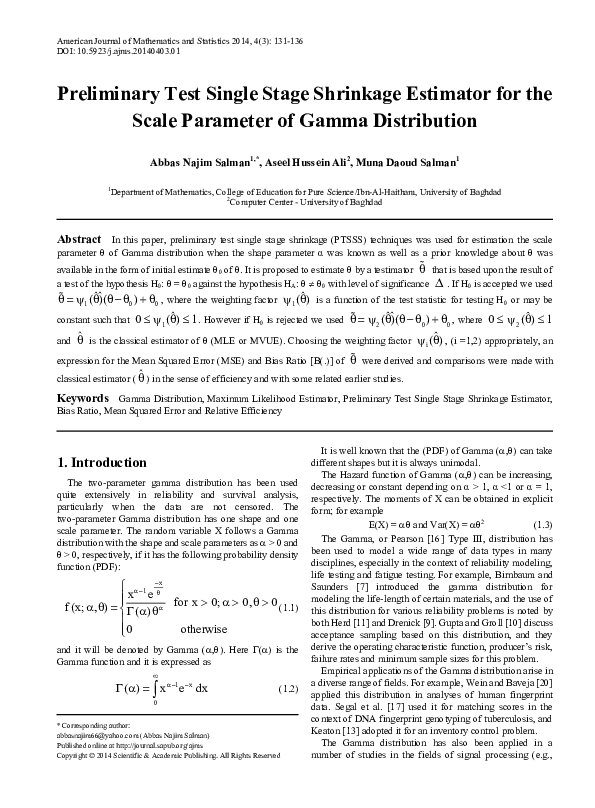Pdf Shrinkage Estimator For Gamma Distribution
