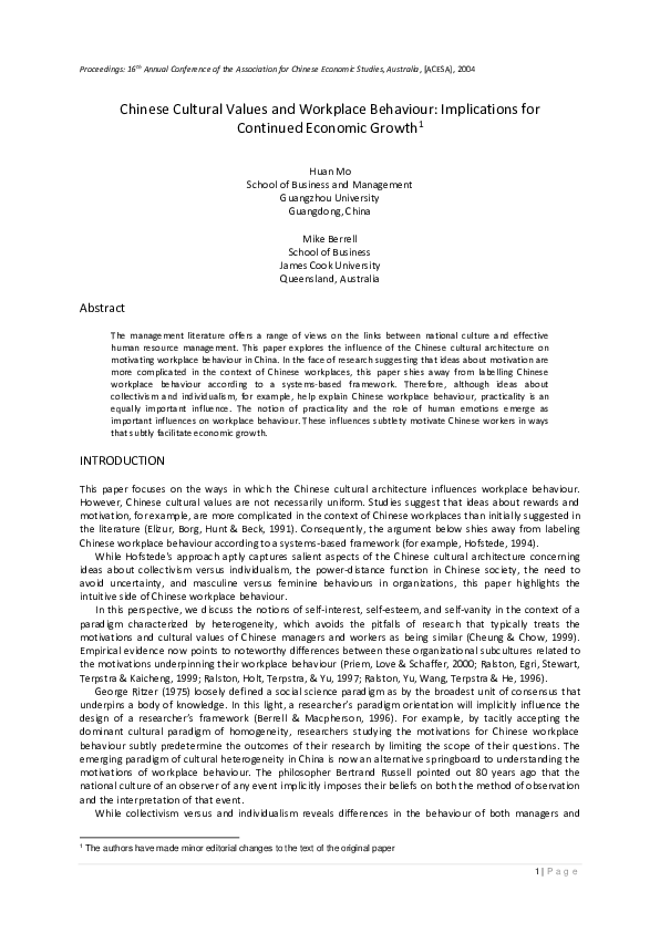 (PDF) Chinese Cultural Values and Workplace Behaviour: Implications for ...