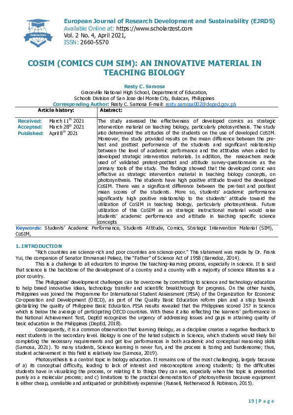 (PDF) COSIM (COMICS CUM SIM): AN INNOVATIVE MATERIAL IN TEACHING BIOLOGY