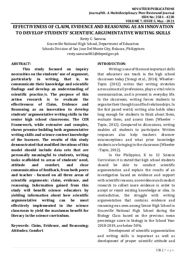 (PDF) EFFECTIVENESS OF CLAIM, EVIDENCE AND REASONING AS AN INNOVATION ...