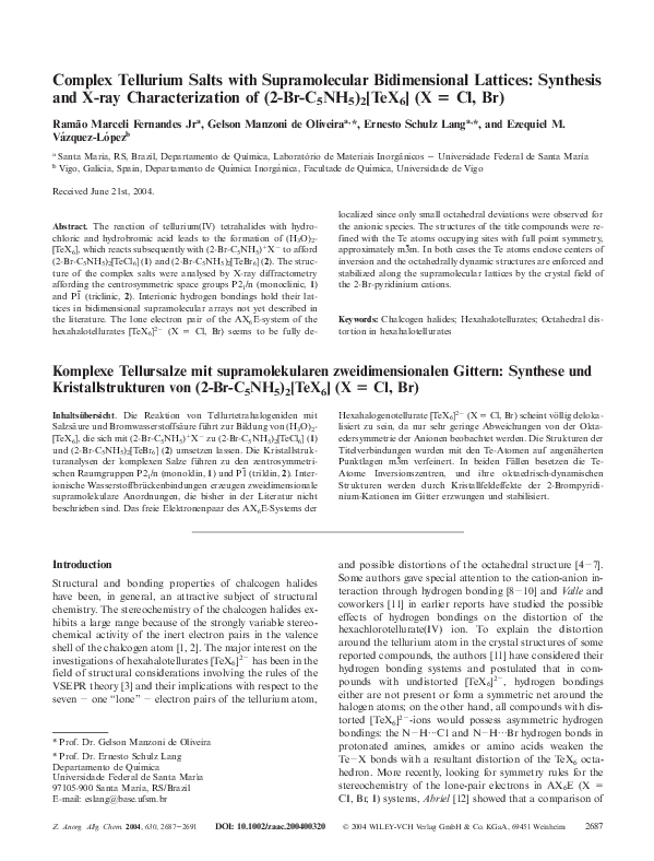 (PDF) Complex Tellurium Salts with Supramolecular Bidimensional ...