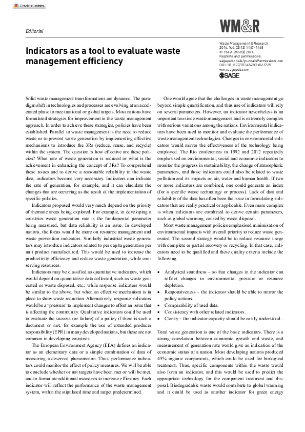 (PDF) Indicators as a tool to evaluate waste management efficiency