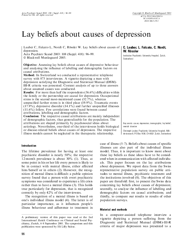 (PDF) Lay beliefs about causes of depression