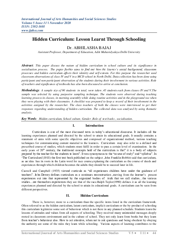 (PDF) Hidden Curriculum: Lesson Learnt Through Schooling