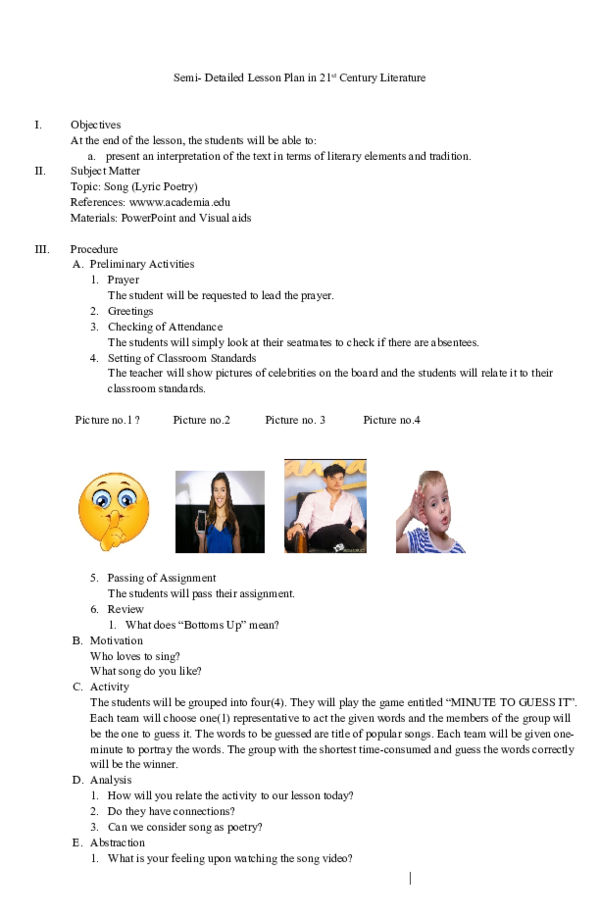 (DOC) Semi-Detailed Lesson Plan in 21 st Century Literature