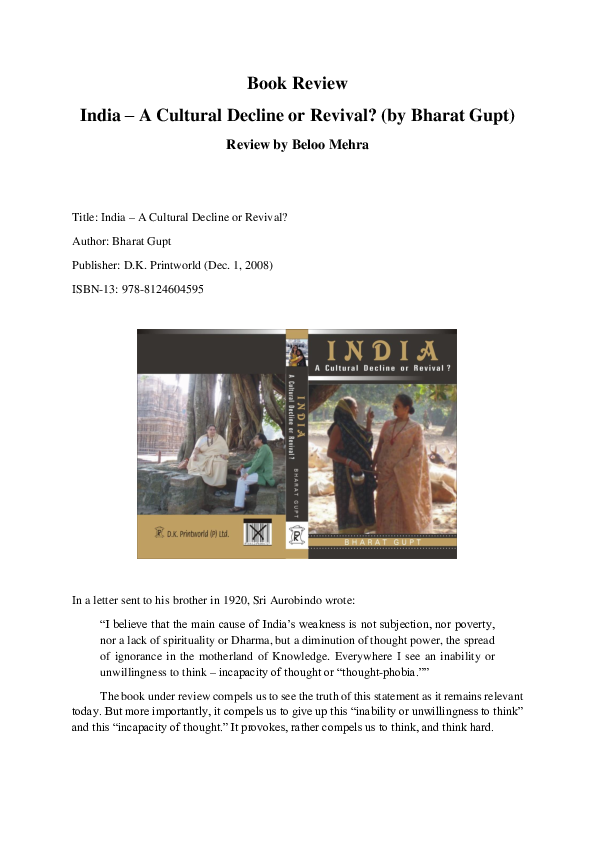 (PDF) Book Review of India -A Cultural Decline or Revival? (by Bharat Gupt)