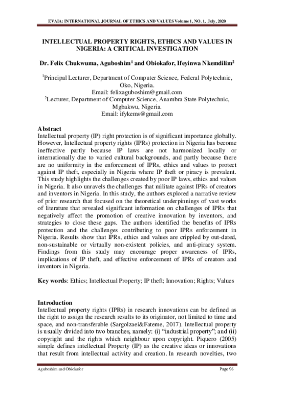 (PDF) INTELLECTUAL PROPERTY RIGHTS, ETHICS AND VALUES IN NIGERIA: A ...