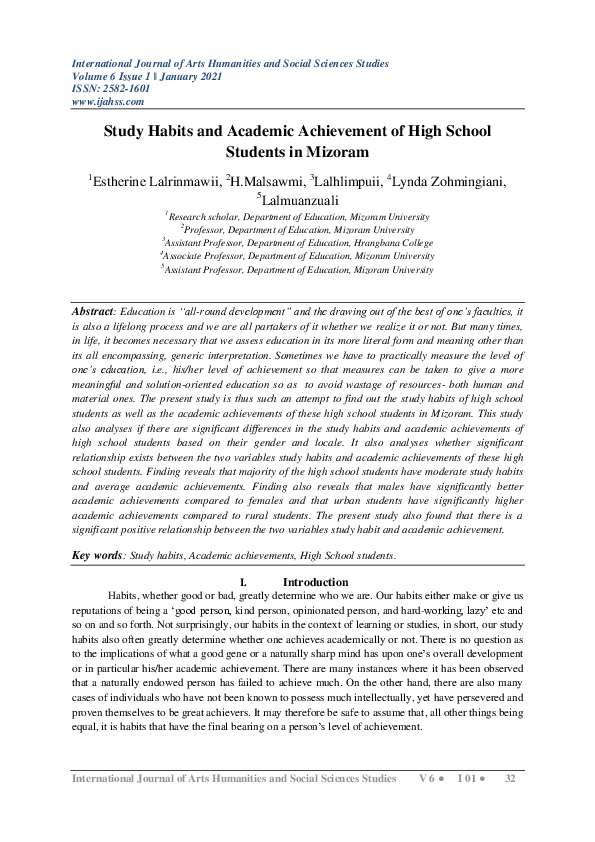 (PDF) Study Habits and Academic Achievement of High School Students in ...