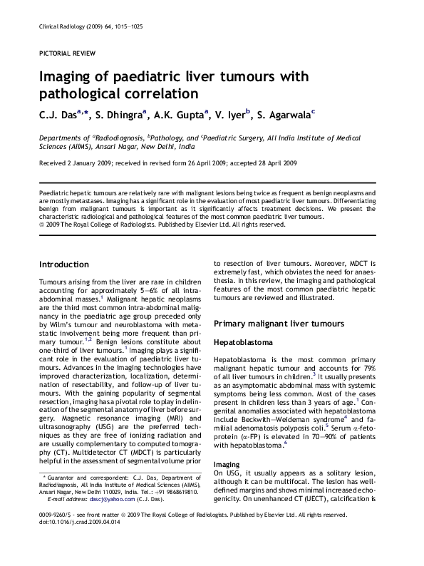 (PDF) Imaging of paediatric liver tumours with pathological correlation
