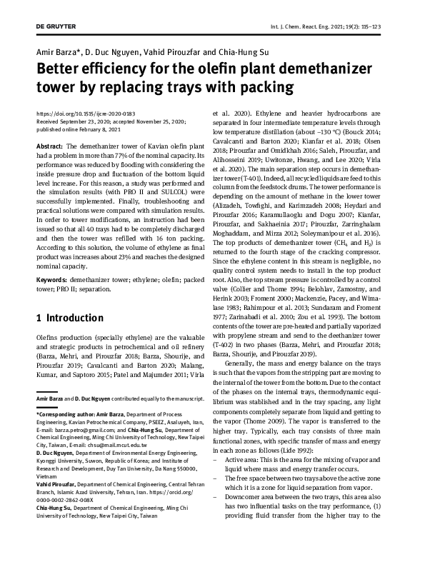 (PDF) Better efficiency for the olefin plant demethanizer tower by ...