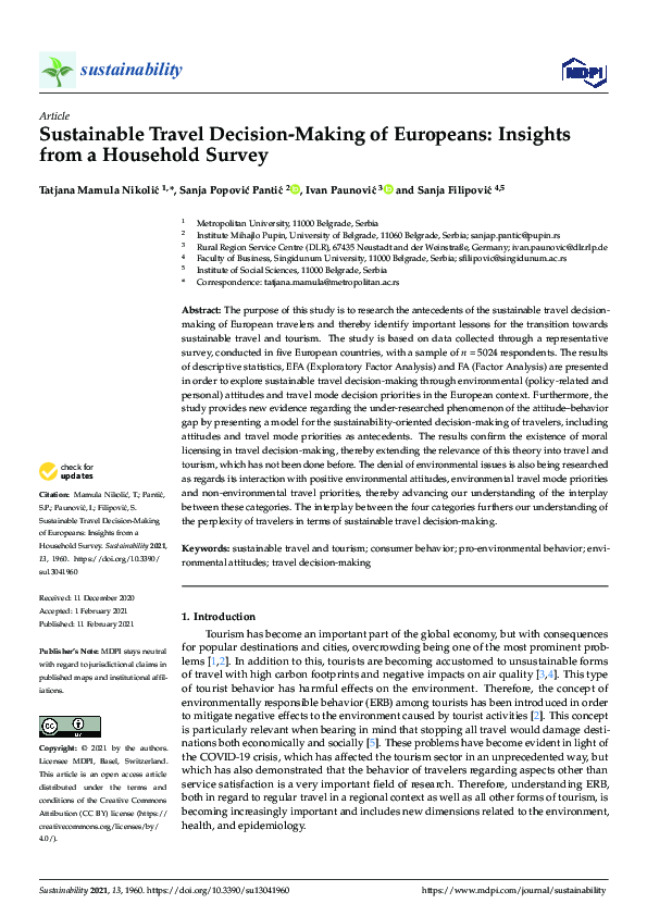 (PDF) Sustainable Travel Decision-Making of Europeans: Insights from a ...