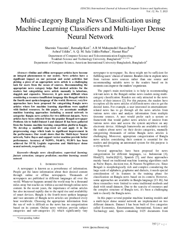 (PDF) Multi-category Bangla News Classification using Machine Learning ...