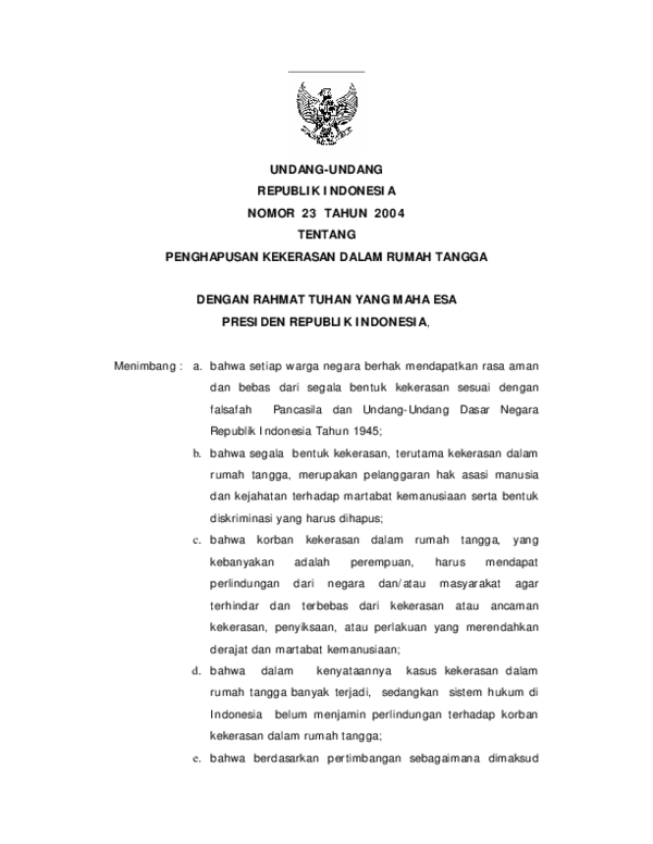 (PDF) UNDANG-UNDANG REPUBLIK INDONESIA NOMOR 23 TAHUN 2004 TENTANG PENGHAPUSAN KEKERASAN DALAM ...