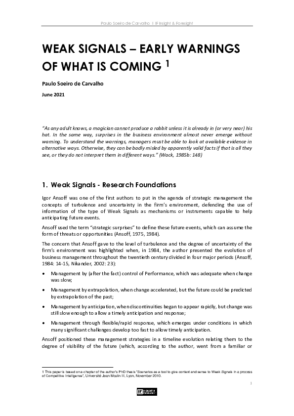 (PDF) WEAK SIGNALS: EARLY WARNINGS OF WHAT IS COMING
