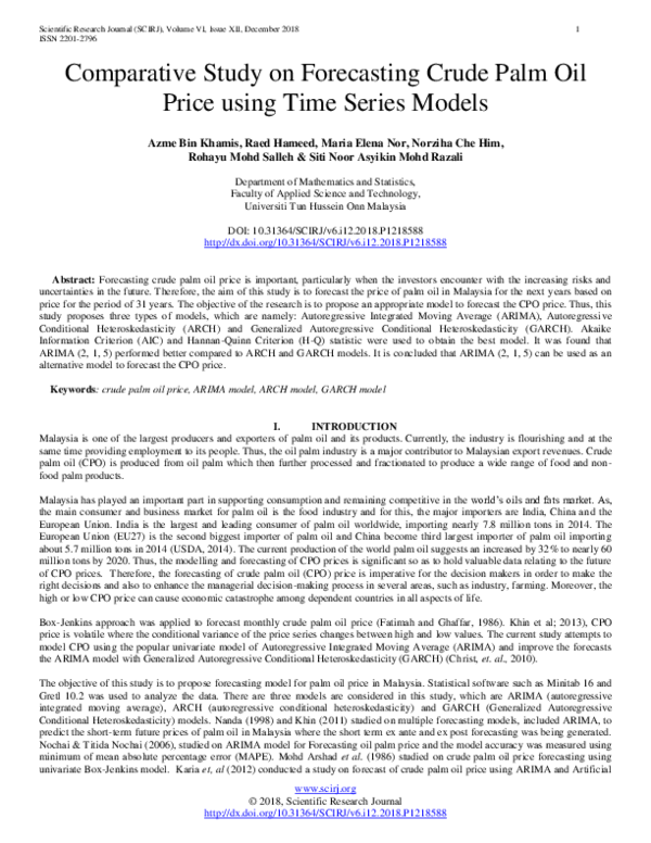 (PDF) Comparative Study on Forecasting Crude Palm Oil Price using Time Series Models