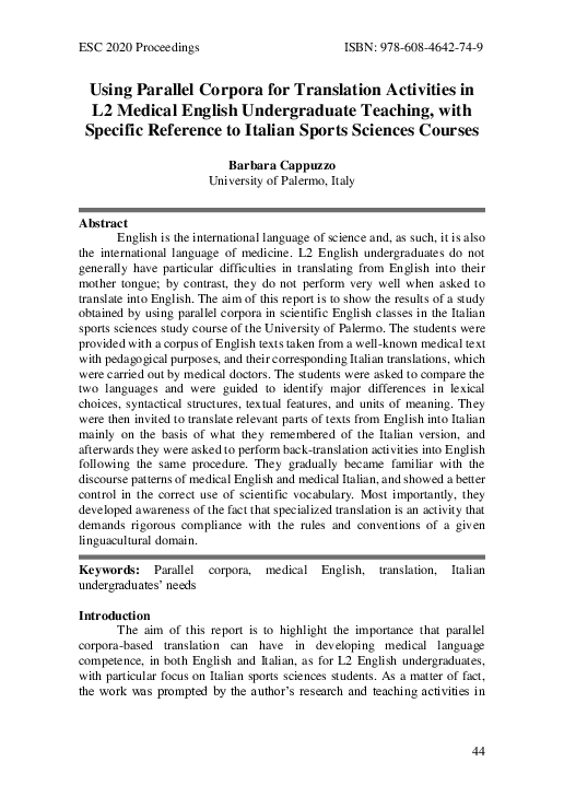 (PDF) Using Parallel Corpora for Translation Activities in L2 Medical English Undergraduate ...