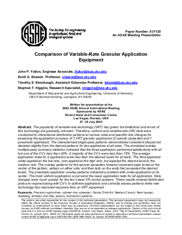(PDF) Comparison of Variable-Rate Granular Application Equipment
