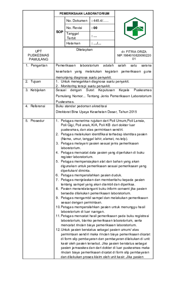 (DOC) SOP PEMERIKSAAN LAB