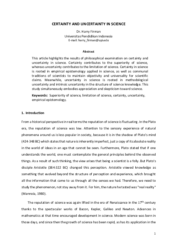 (PDF) CERTAINTY AND UNCERTAINTY IN SCIENCE