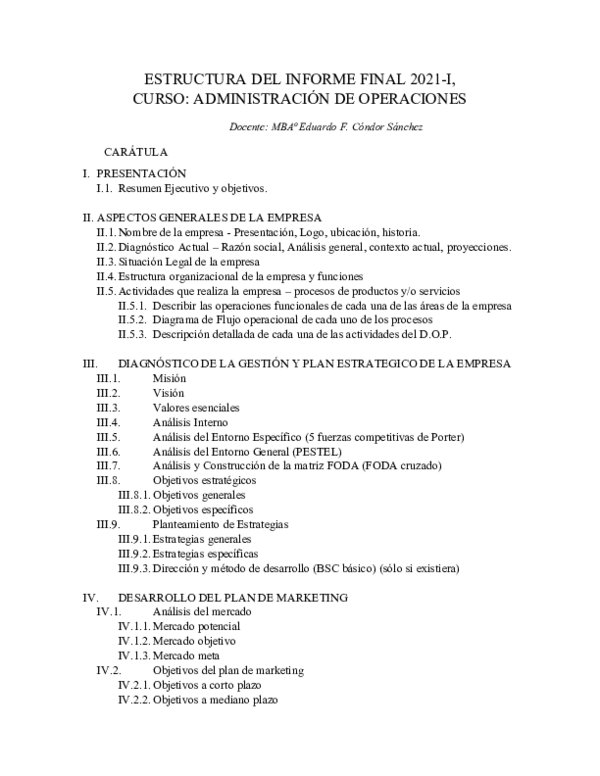 (DOC) Actividad 5 ESTRUCTURA DEL INFORME FINAL ADMINISTRACION DE OPERACIONES 2021 I