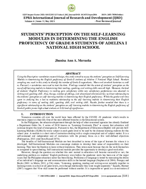 (PDF) STUDENTS’ PERCEPTION ON THE SELF-LEARNING MODULES IN DETERMINING ...