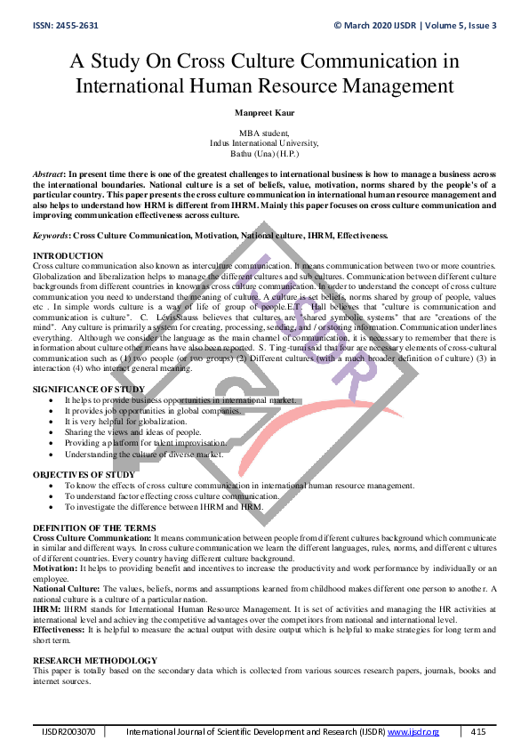 (PDF) A Study On Cross Culture Communication in International Human ...