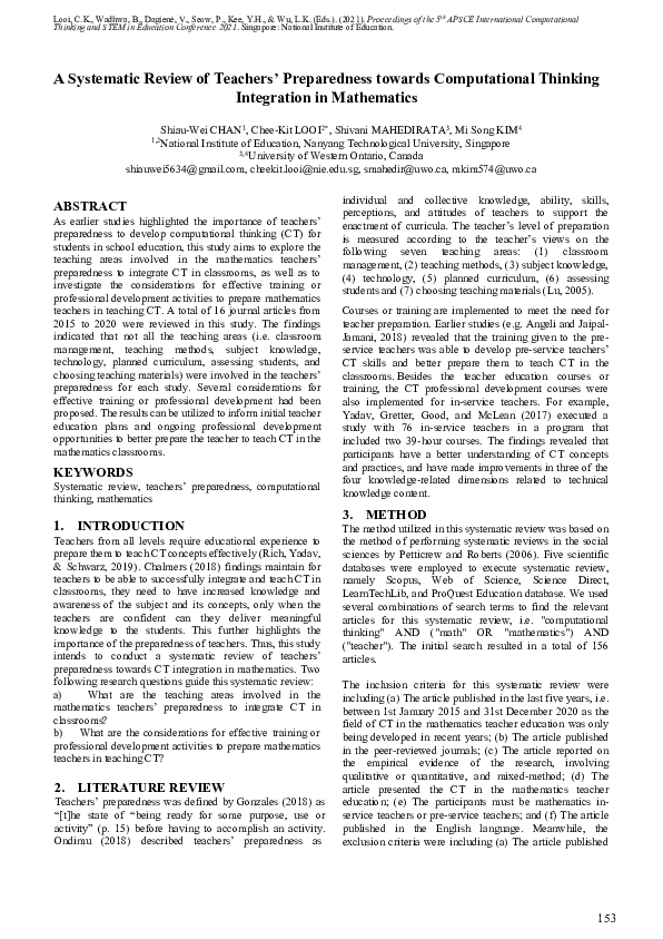 Pdf A Systematic Review Of Teachers Preparedness Towards Computational Thinking Integration