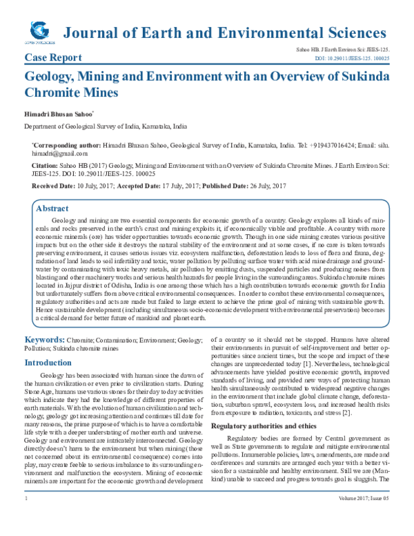 (PDF) Geology, Mining and Environment with an Overview of Sukinda Chromite Mines