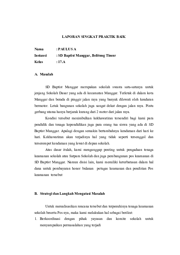 (DOC) Laporan Praktik Baik di SD Baptist Manggar