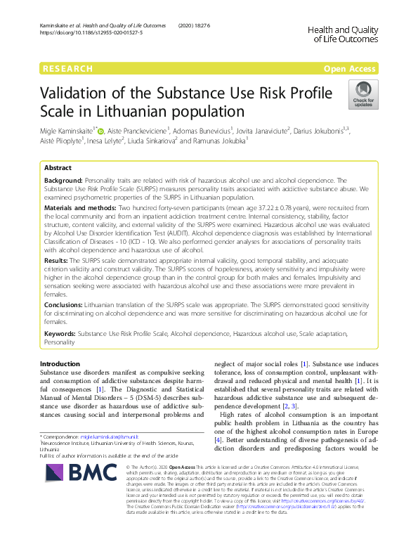 (PDF) Validation of the Substance Use Risk Profile Scale in Lithuanian ...
