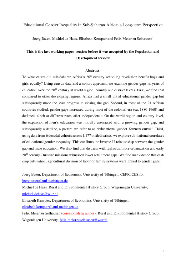 Pdf Educational Gender Inequality In Sub Saharan Africa A Long Term