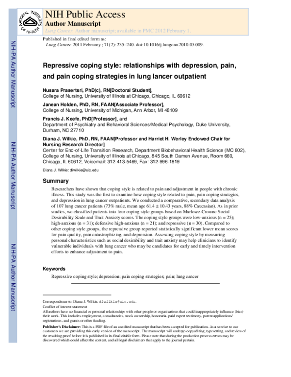 (PDF) Repressive coping style: Relationships with depression, pain, and ...