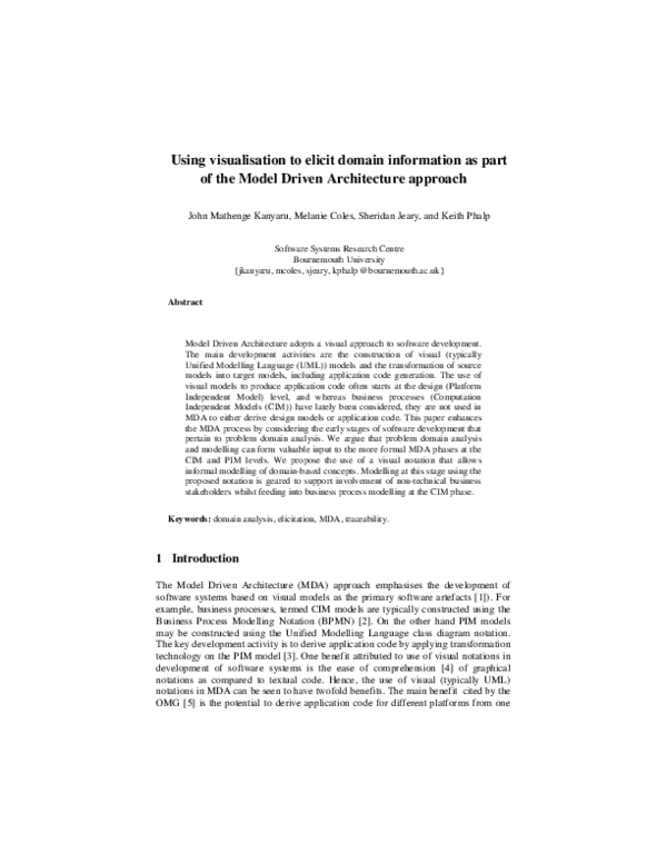 (PDF) Using visualisation to elicit domain information as part of the Model Driven Architecture ...