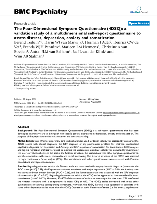 (PDF) The Four-Dimensional Symptom Questionnaire(4 DSQ): a Validation ...