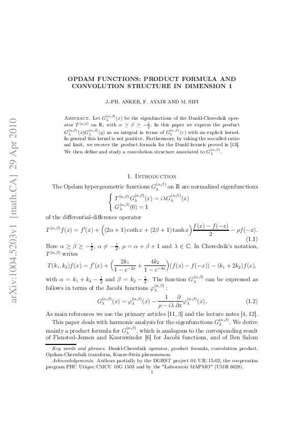 (PDF) Opdam's hypergeometric functions: product formula and convolution structure in dimension 1