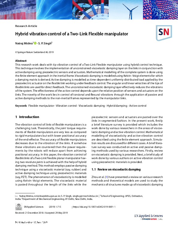 Pdf Vibration Control Comparison Of A Single Link Flexible Manipulator Between Fuzzy Logic