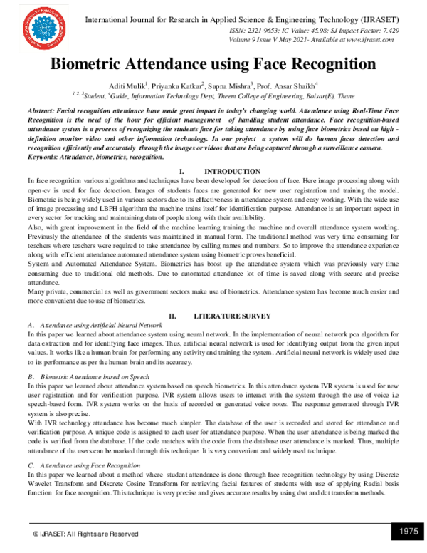 (PDF) Biometric Attendance using Face Recognition