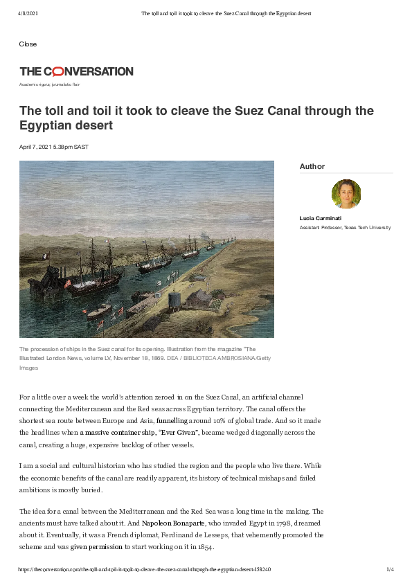(PDF) The Toll and Toil It Took to Cleave the Suez Canal Through the ...